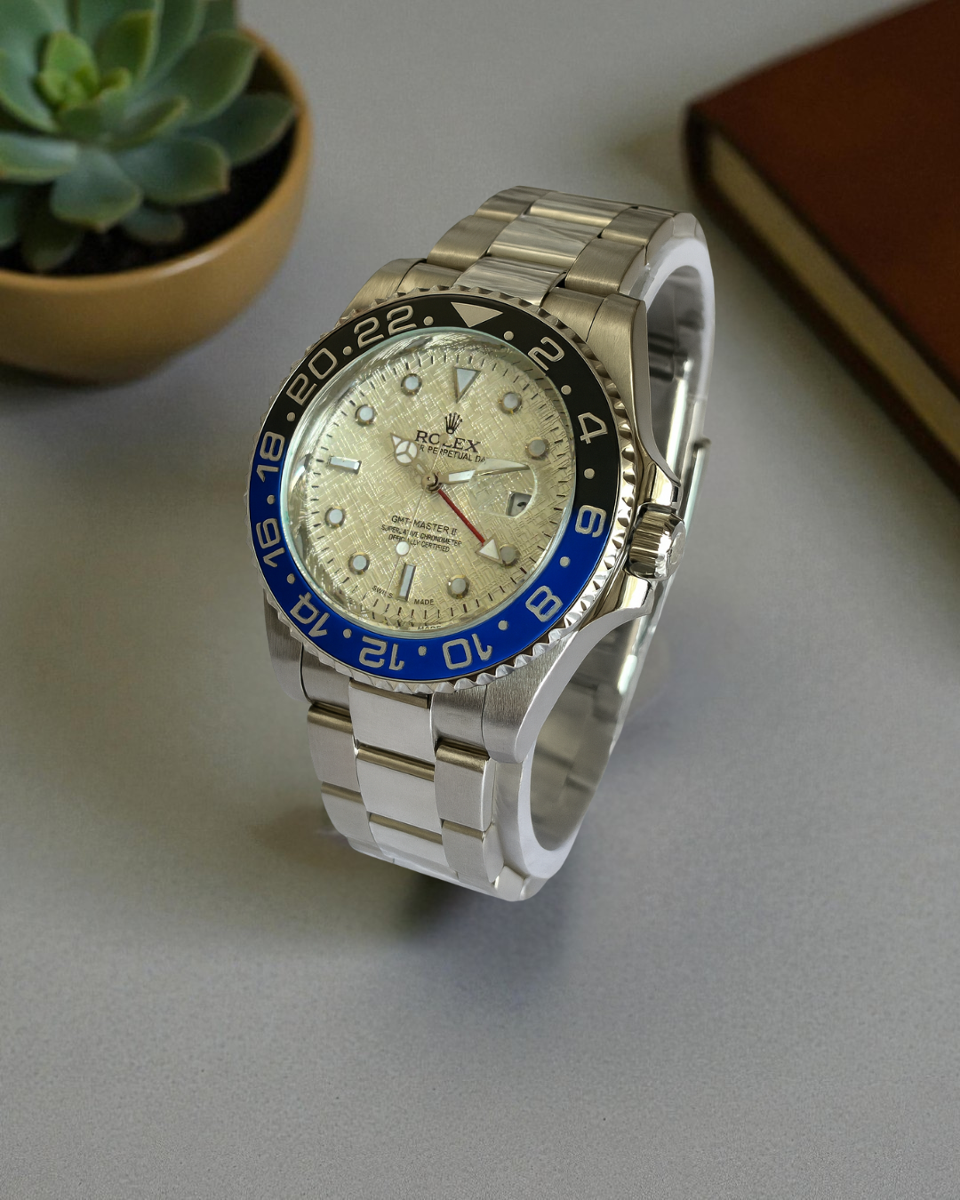 Rolex GMT Silver Chain Black/Blue Bezel White Dial | Urban Shop PK